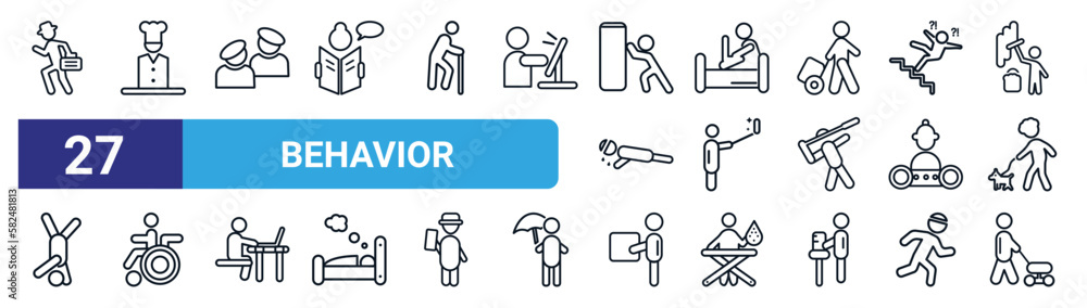 set of 27 thin line behavior icons such as going to work, man cooking ...