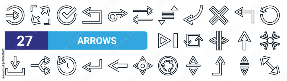 set of 27 thin line arrows icons such as right direction, minimize ...