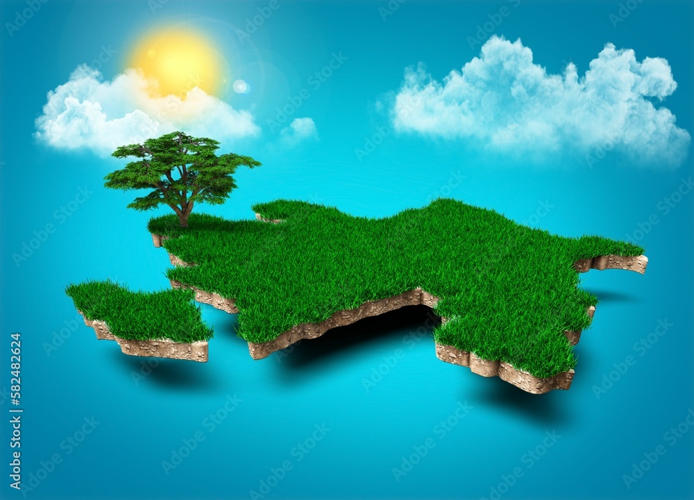 A 3D Azerbaijan-shaped map geology cross section with grass on a blue ...