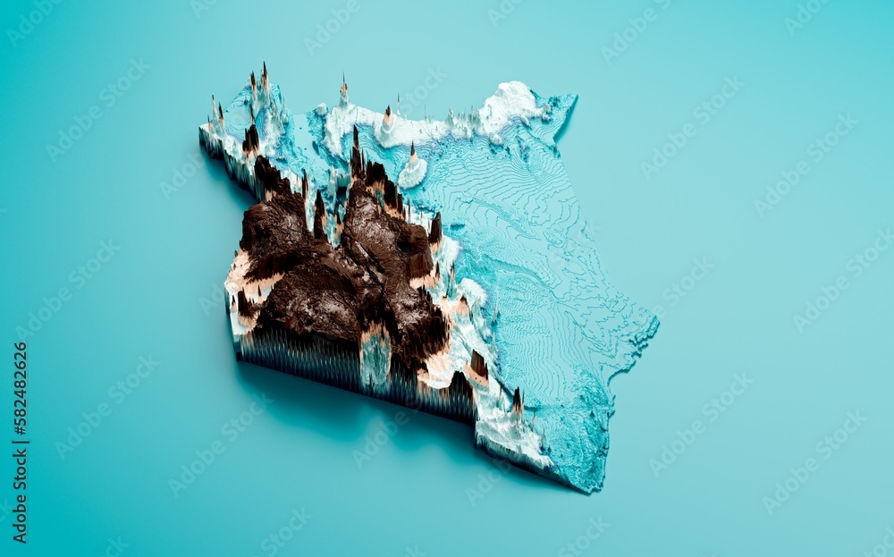 3D-rendered topographic Kenya-shaped map geology cross section with ...
