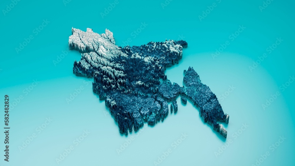 3D render of a topographic map of Bangladesh on an isolated bright blue ...