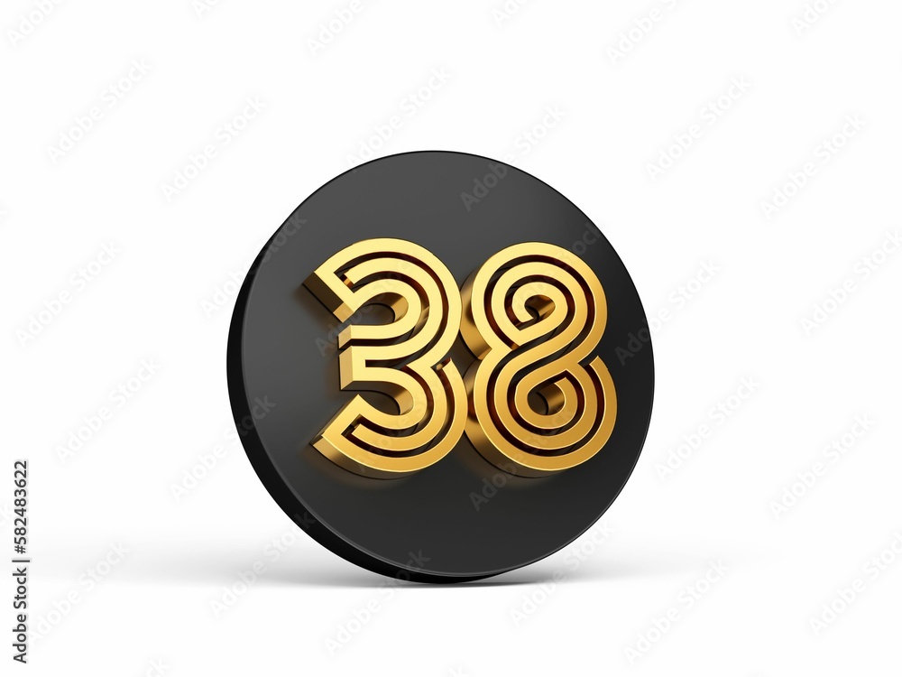 3D rendering of a shiny number 38 in the Royal Gold Modern font on a ...