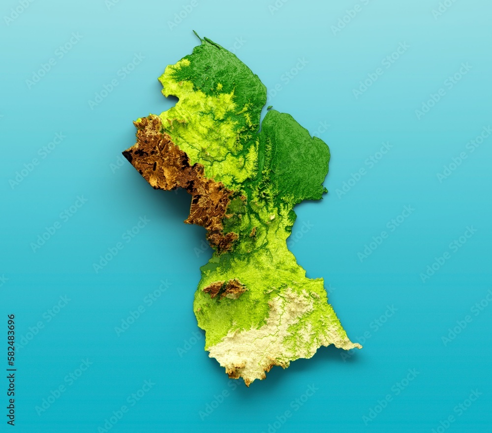 3D rendered and shaded height map of Guyana isolated on a bright blue ...