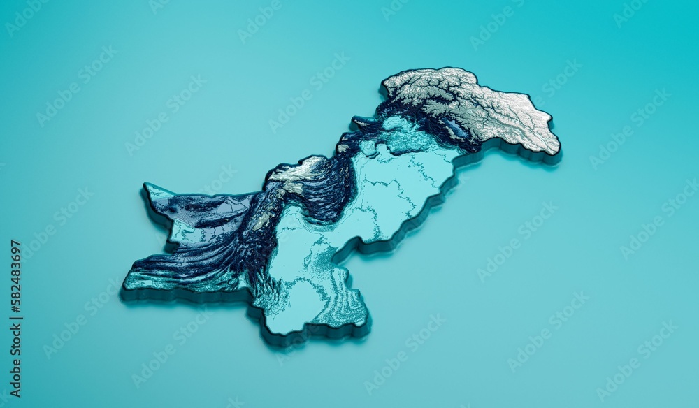 3D rendered Topographic Pakistan map with hypsometric elevation on a ...