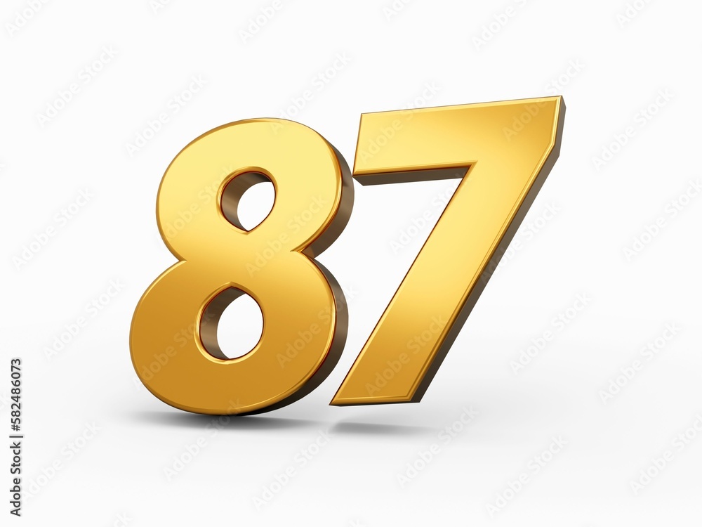 Gold number 87 Eighty-seven isolated white background. shiny, 3d ...
