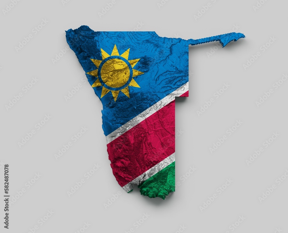 Namibia Map Flag Shaded relief Color Height map on white Background, 3d ...