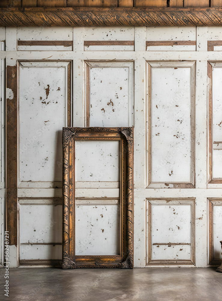 Antique golden frame with metal decorations and blank copy space, on a ...