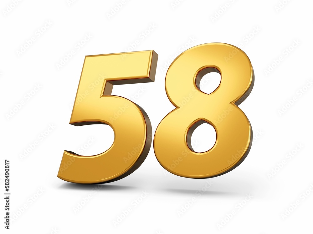 Shiny Gold number 58 Fifty-eight isolated on white background, 3d ...