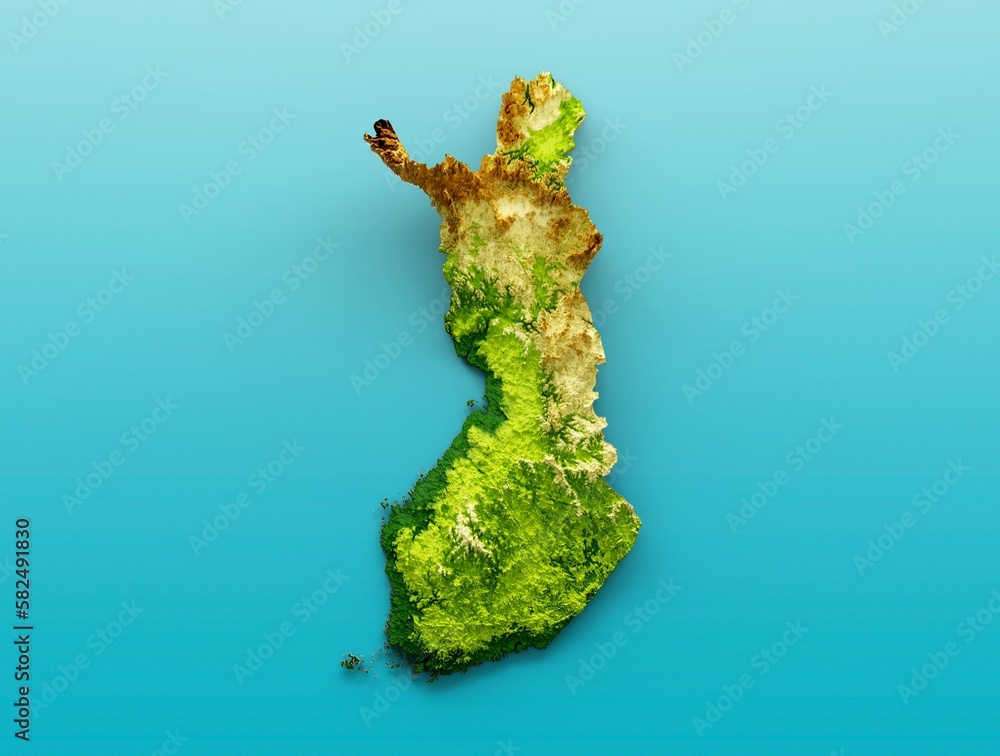 3D illustration of the green topographic map of Finland on the ...