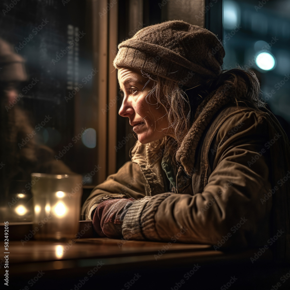 Generative AI - A homeless woman sitting at a table with a candle in ...