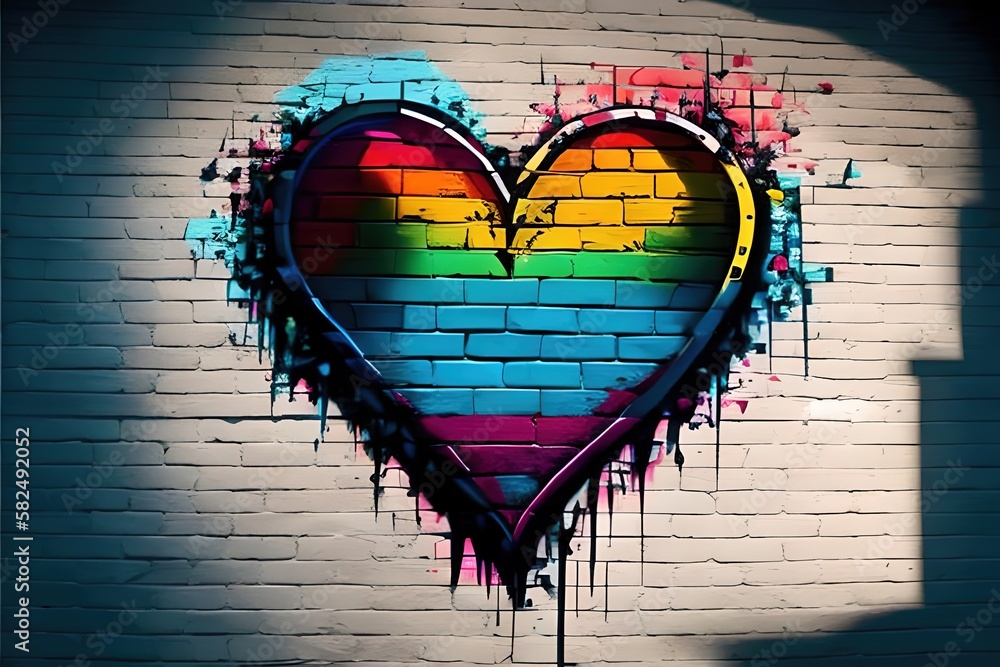Nice colorful rainbow graffiti heart on the brick wall. LGBTQ ...