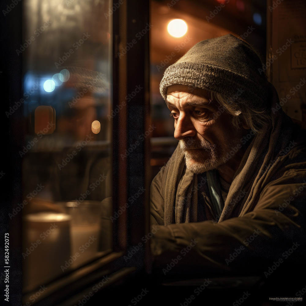 Generative AI - A homeless man looking out a window at the street at ...
