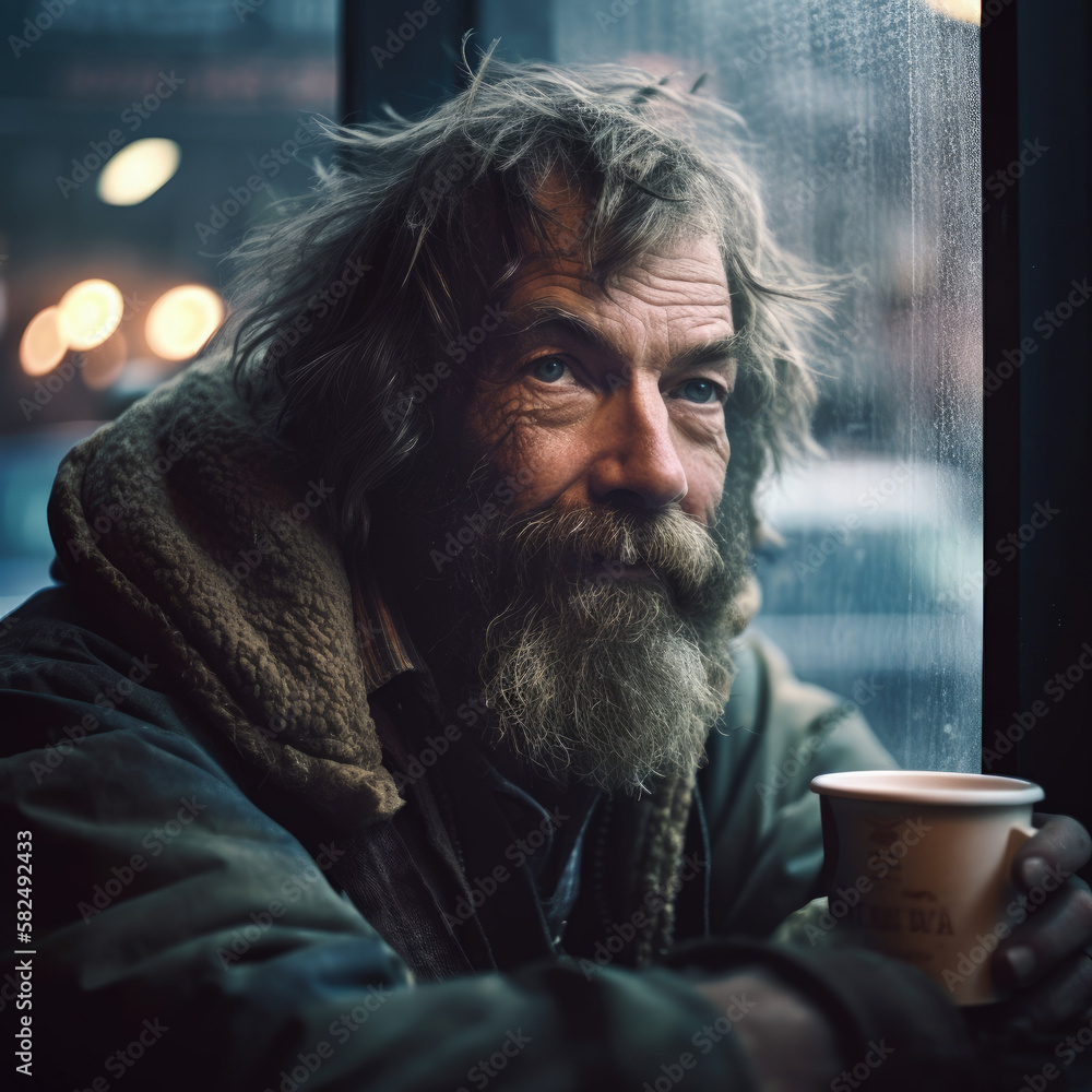 Generative AI - A homeless man with a beard and a beard holding a cup ...