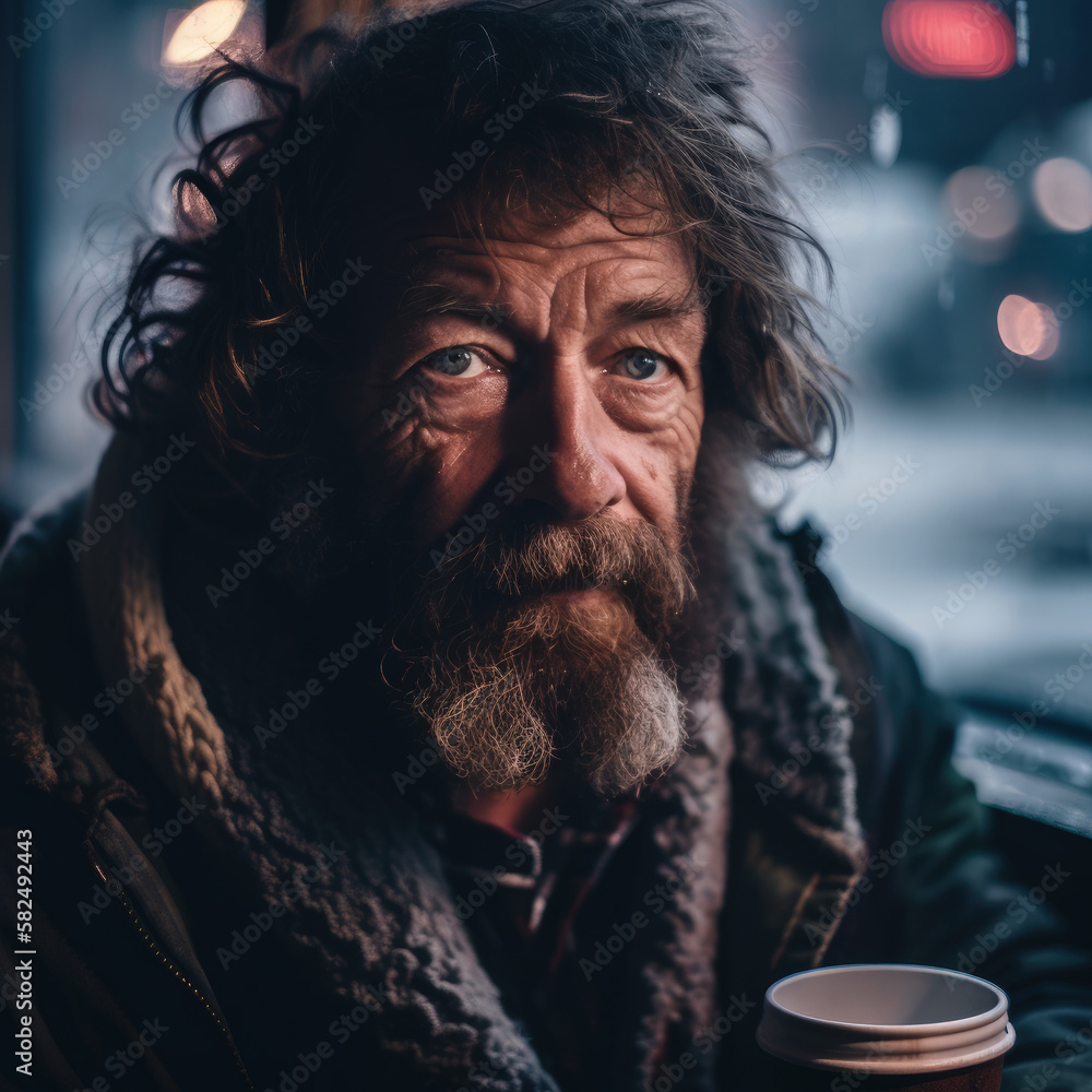 Generative AI - A homeless man with a beard and a cup of coffee in his ...