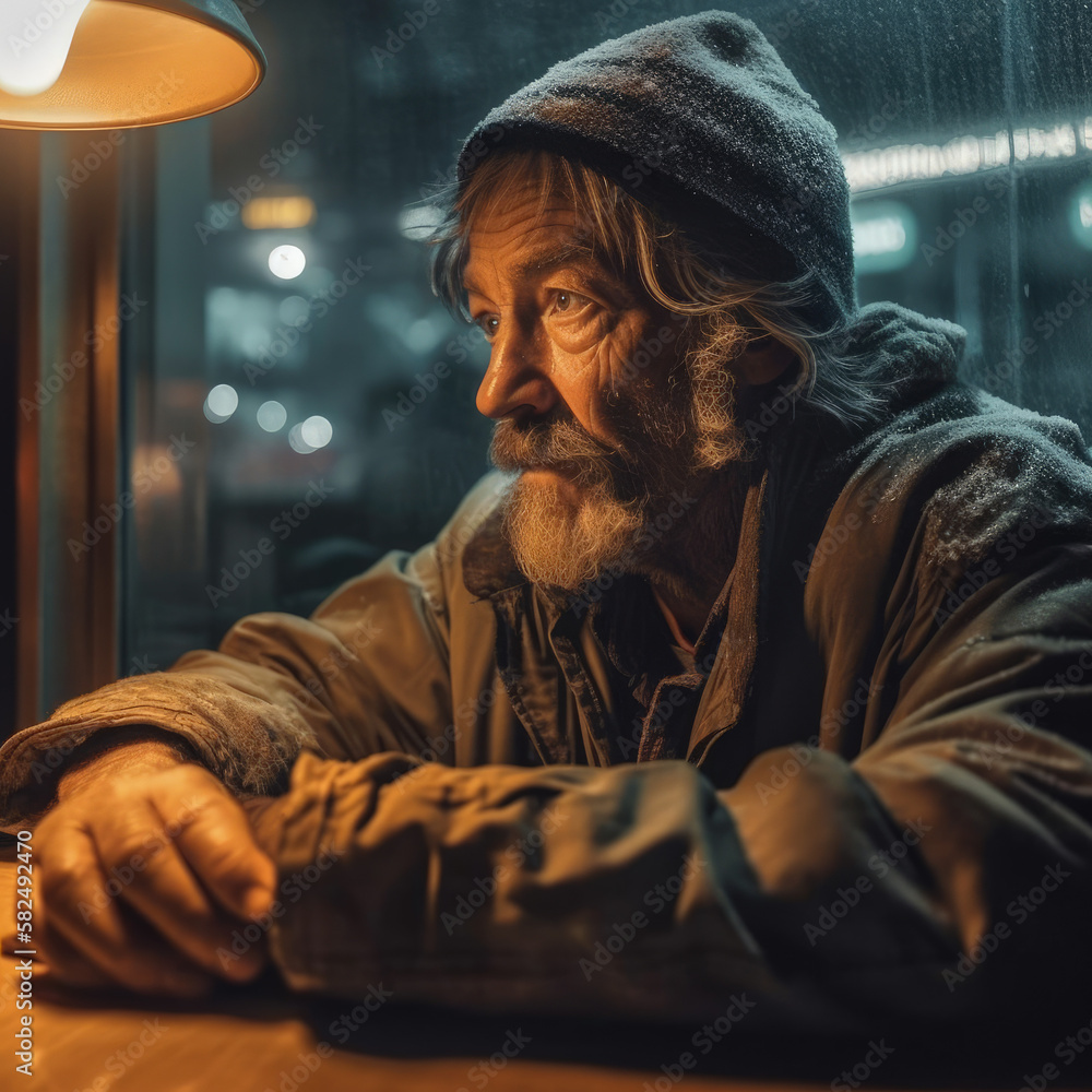 Generative AI - A homeless man sitting at a table with a lamp in front ...
