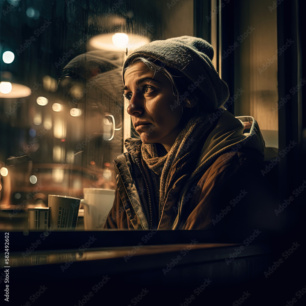 Generative AI - A young homeless woman sitting at a window looking out ...