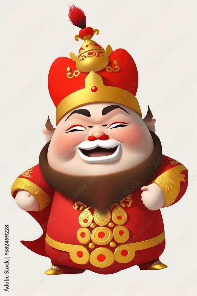 3D cute chubby Cai Shen, the Chinese god of wealth and fortune, cartoon style. AI generated ...