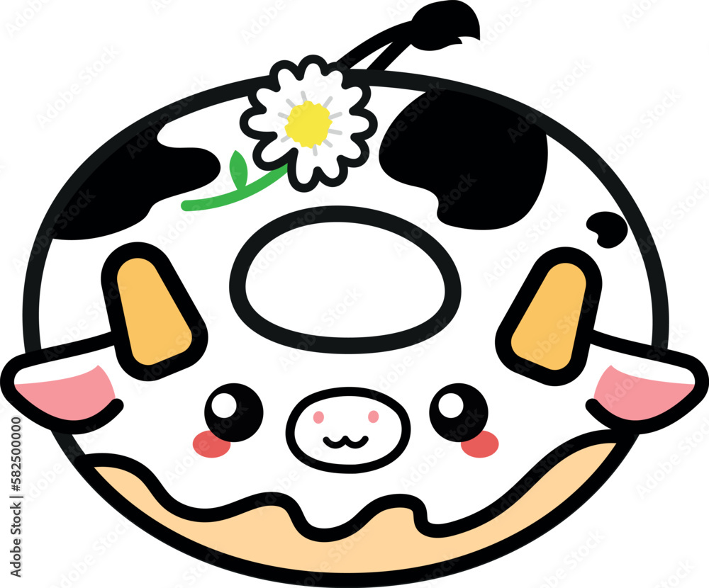Cute kawaii donut in shape of a cow smiling with small daisy flower ...