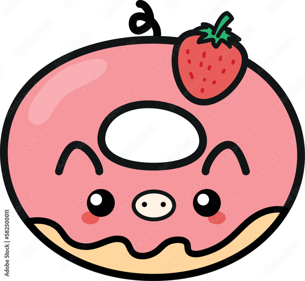 Cute kawaii donut in shape of a pink pig with small strawberry on top ...