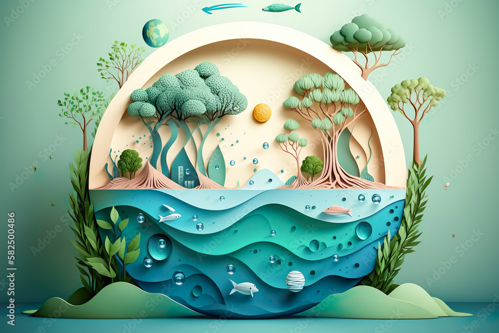 Paper art , Saving water and world Environment day , Ecology and world ...