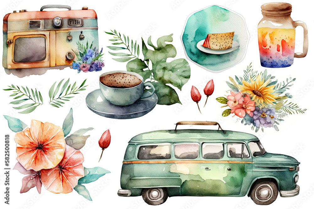 Watercolor clip art sheet of vacation travel destinations created with ...
