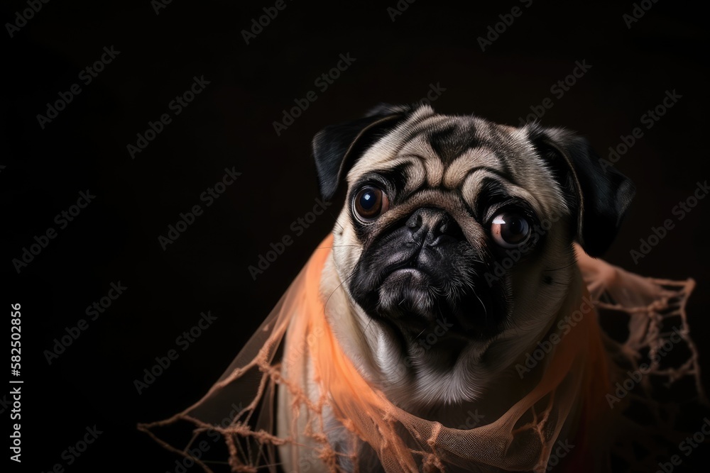 Halloween amusingly terrified pug. A pug dog with a scared and ...