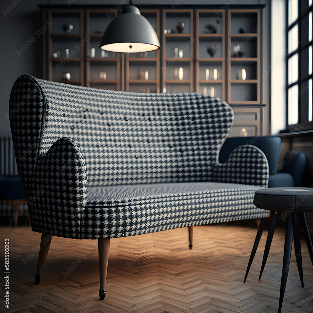Hounds-tooth couch in a cozy modern living room interior with big ...