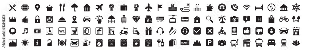 Travel and tour icons set. Tourism vector icon collection. City hotel ...