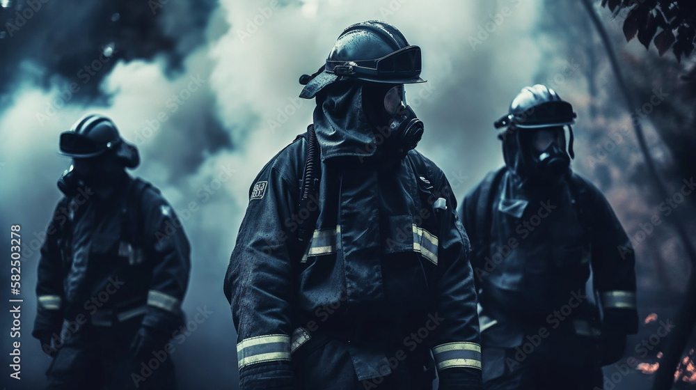 Firemans wearing firefighter turnouts and helmet. Dark background with ...