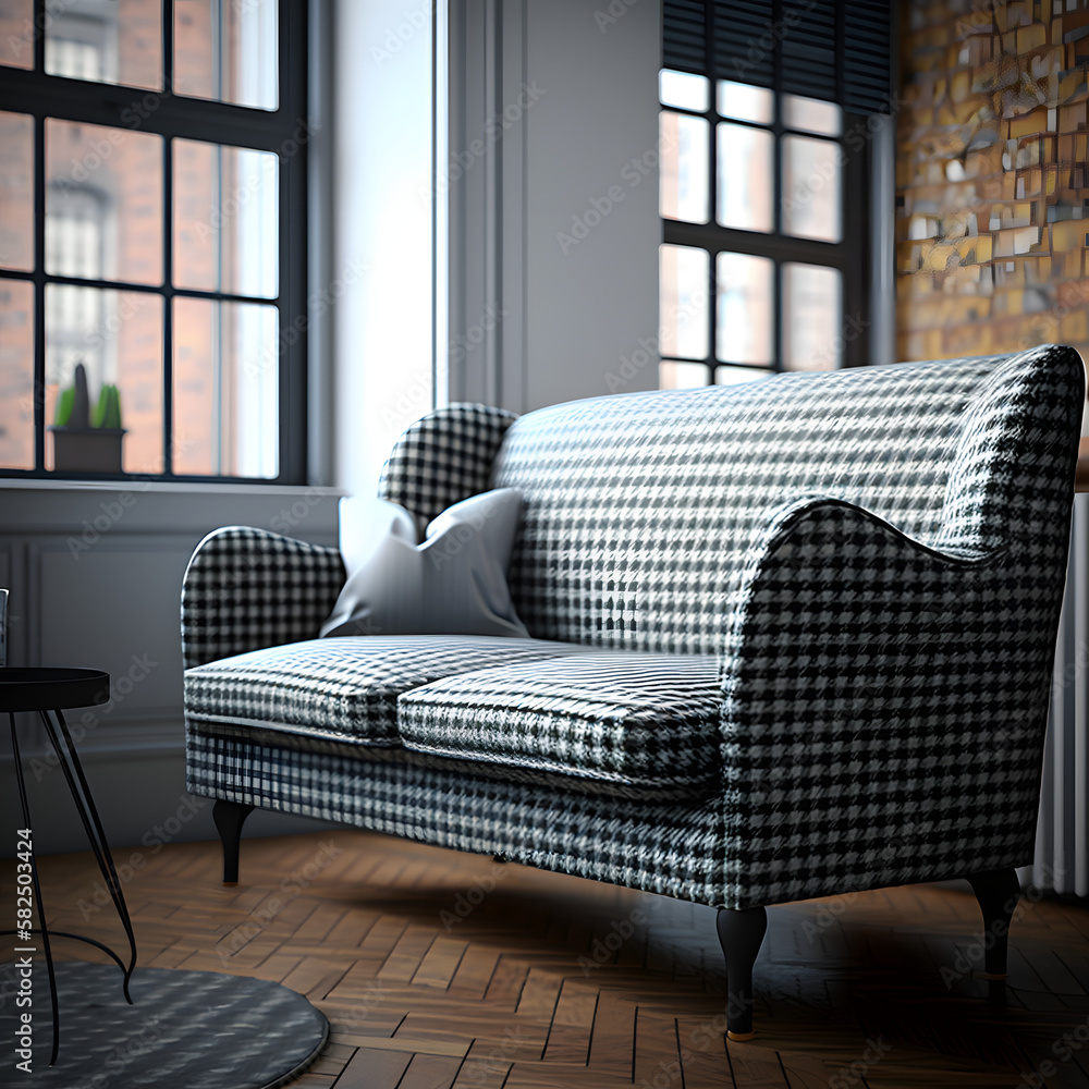 Hounds-tooth couch in a cozy modern living room interior with big ...