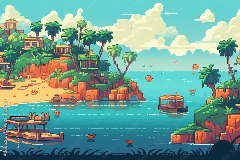 pixel art landscape of a colorful beach. digital art illustration ...