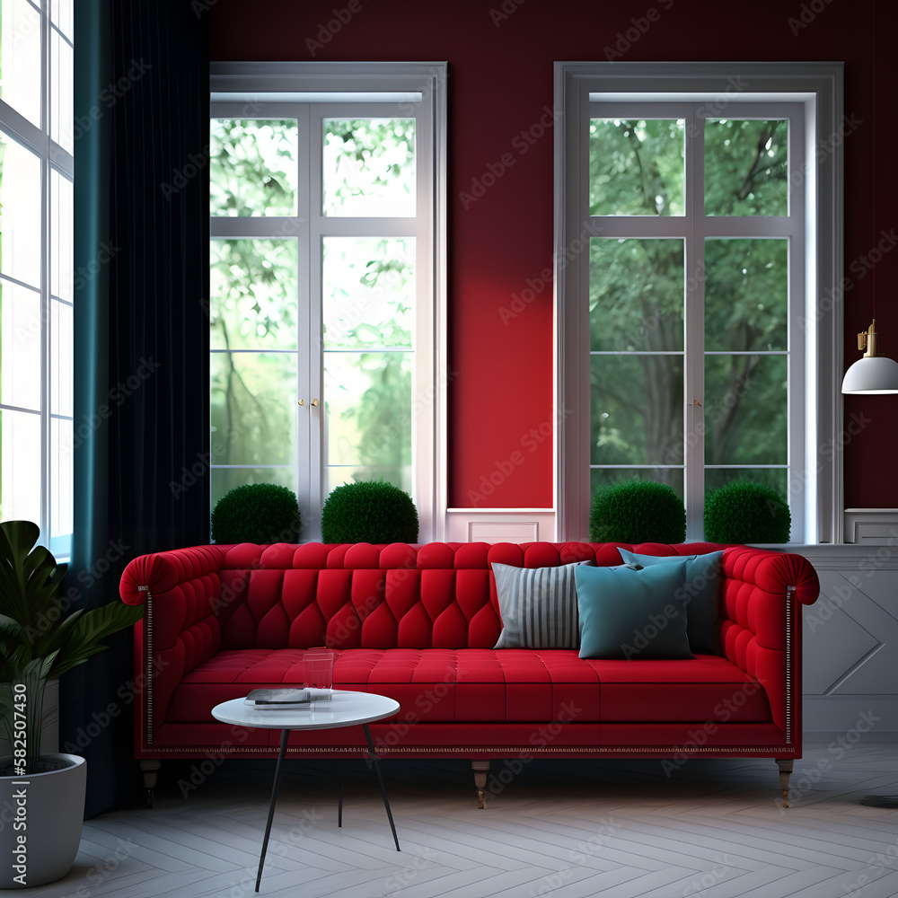 Red couch in a cozy modern living room interior with big windows ...