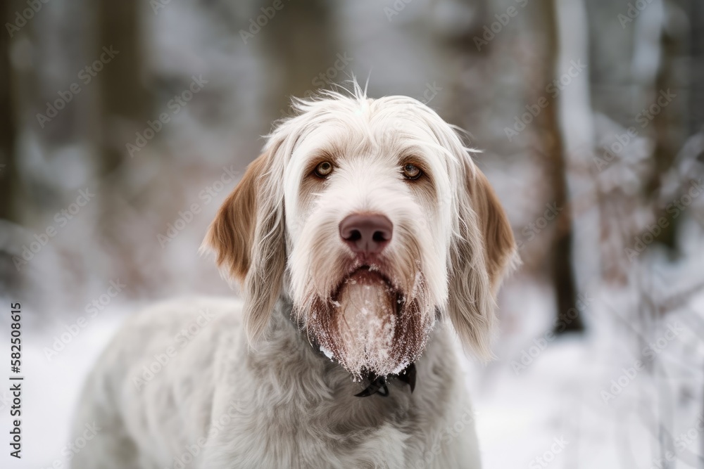 A white juvenile wire haired dog of the spinone italiano breed is ...