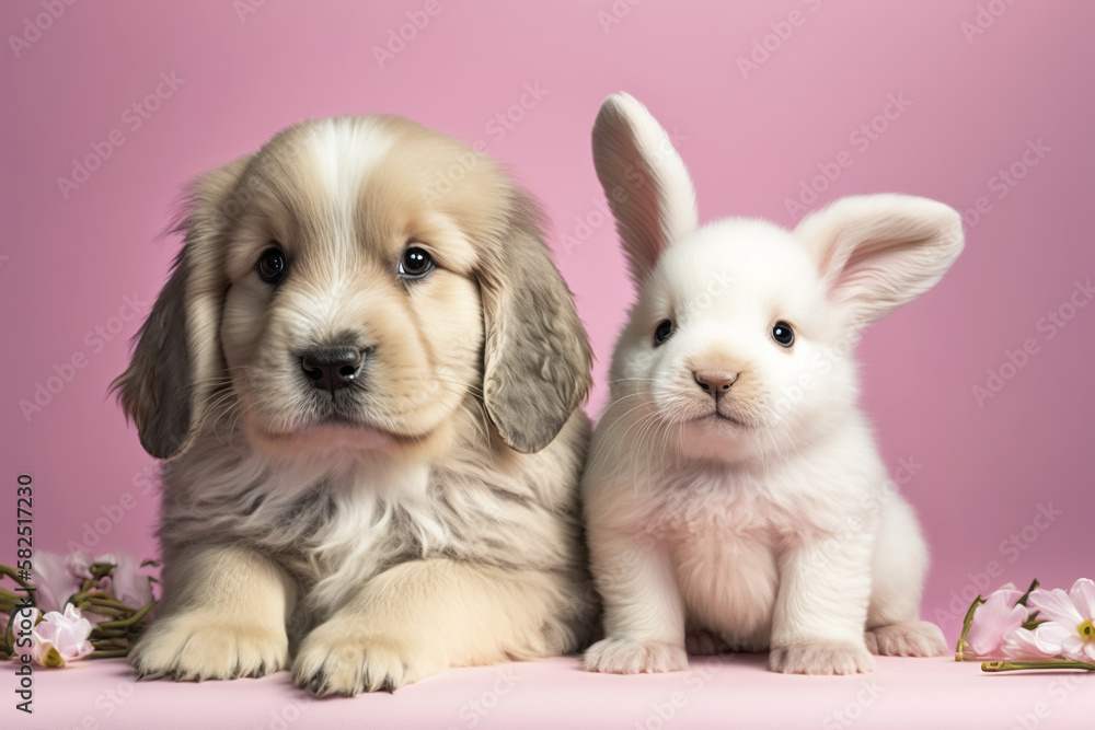 Baby rabbit next to puppy. Adorable mascots on soft pink background ...