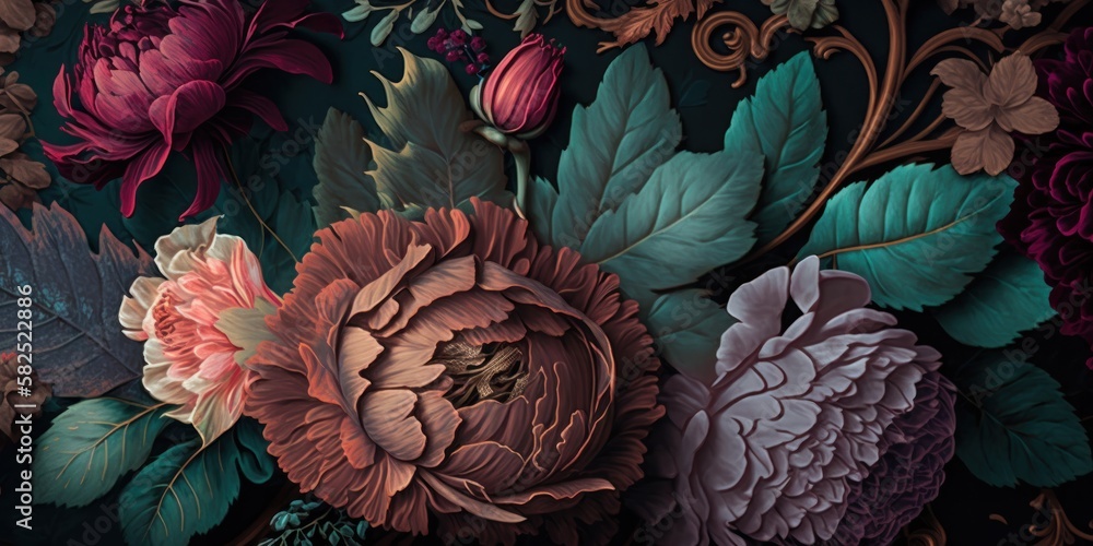 New baroque wallpaper of flowers in maximilist style and rich deep ...