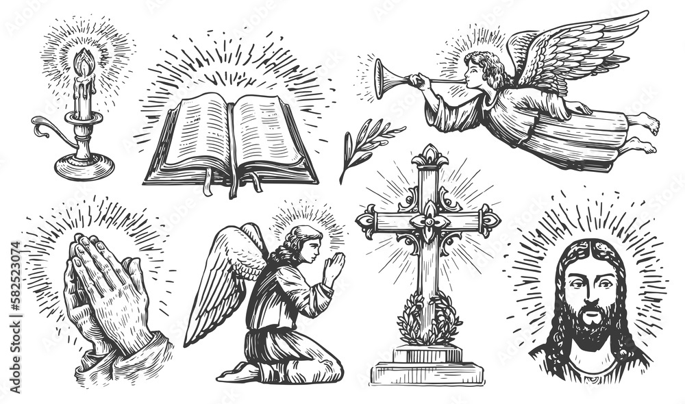 Holy Bible, praying hands, flying messenger angel, burning candle ...