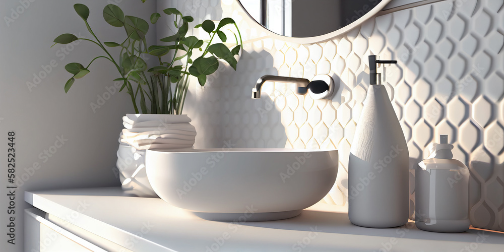 3D styled art illustration an empty white vanity counter with ceramic ...