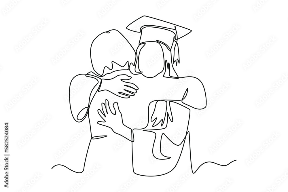 Continuous one-line drawing mother hugging her daughter on graduation ...
