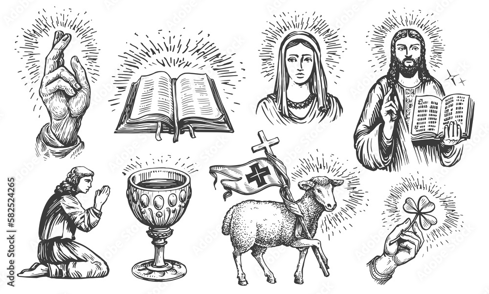 Faith in God concept in sketch style. Set of religious illustrations in ...