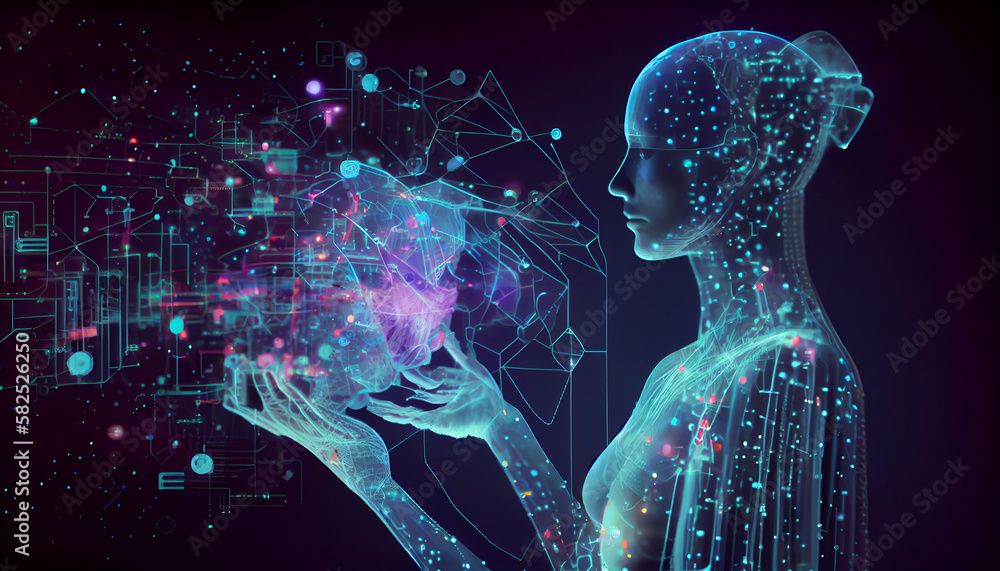 ภาพประกอบสต็อก Big Data concept Digital neural network Business woman ...