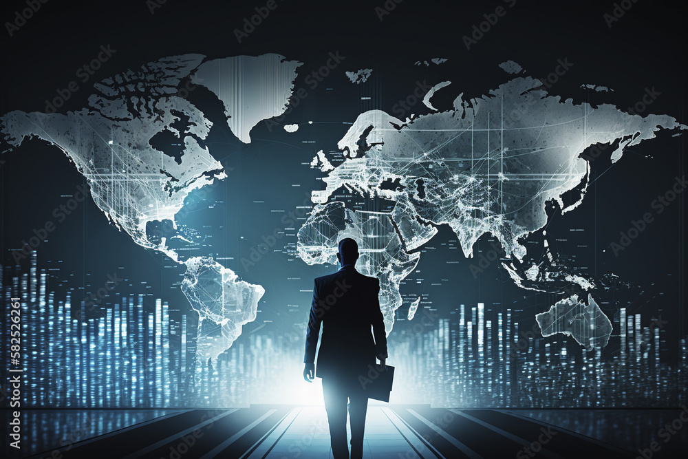 Silhouette of man from the back looking at world map in global business ...