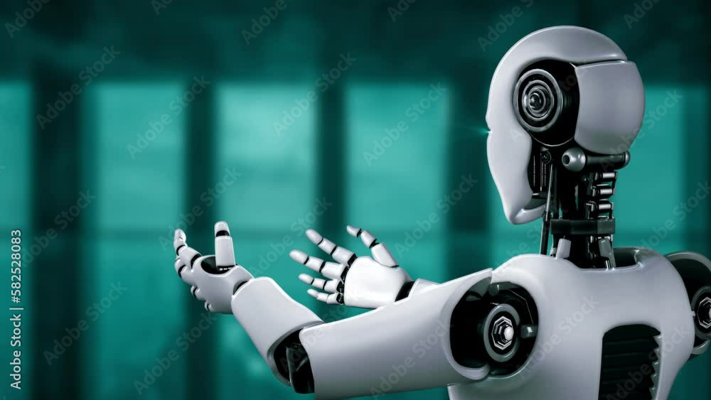 AI hominoid robot holding virtual hologram screen showing concept of ...