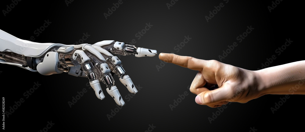 cyborg robot hand touching a human hand illustrated with generative AI ...