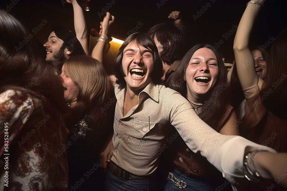 Retro dance party with friends dancing and having a great time laughing ...