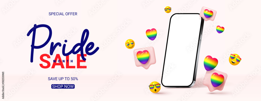 Horizontal banner for Pride Month sale. Phone with blank display ...