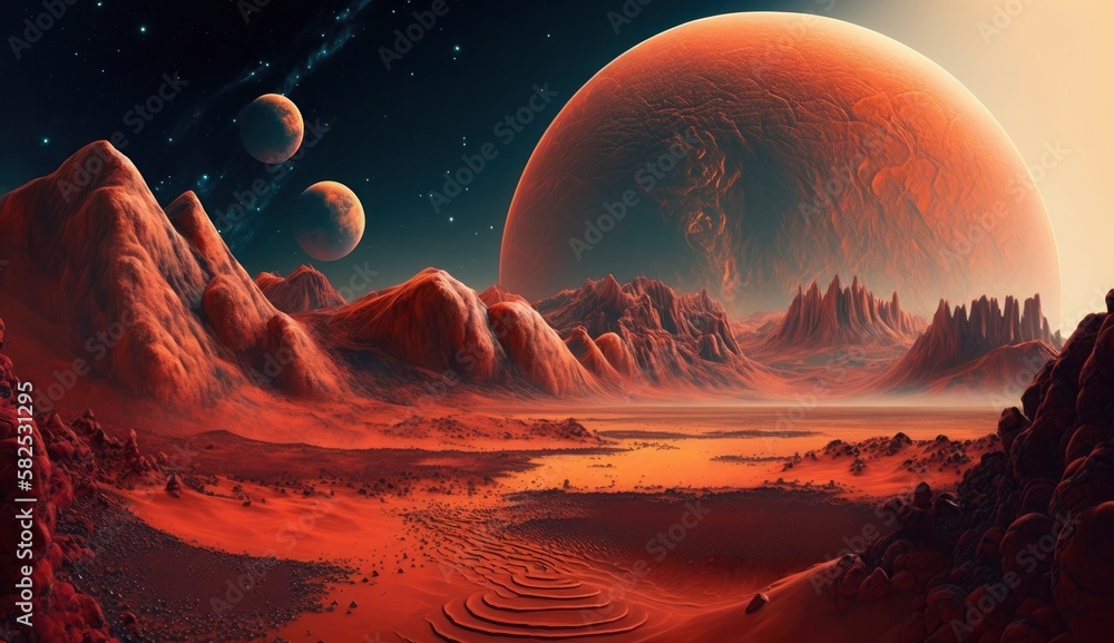 Landscape of unknown red planet surface with craters and mountains with ...