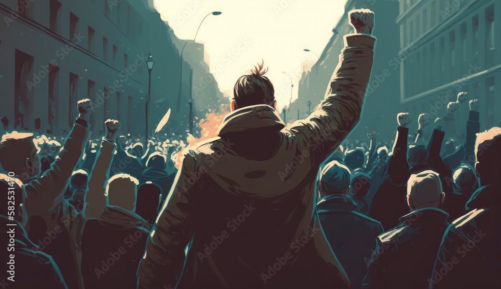 Back view of aggresive people protesting at city street. Protest ...