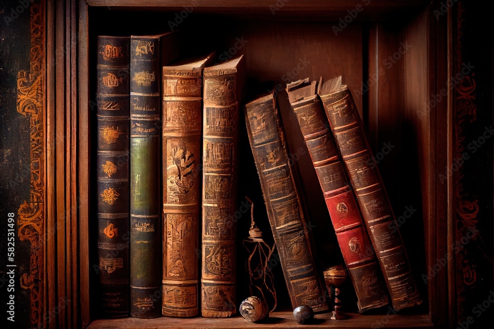 Antique books in a library. A dusty old library with many books ...