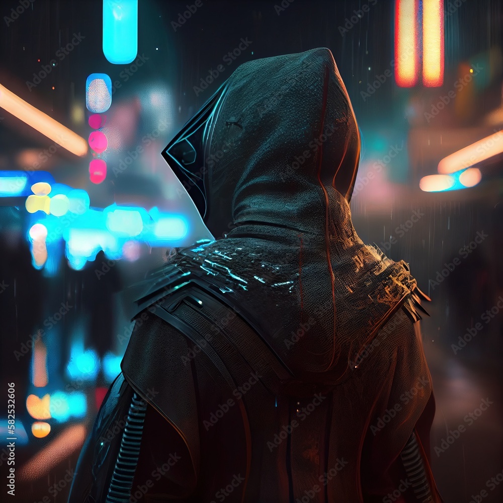 Portrait of a sci-fi cyberpunk hacker. High-tech futuristic man from ...