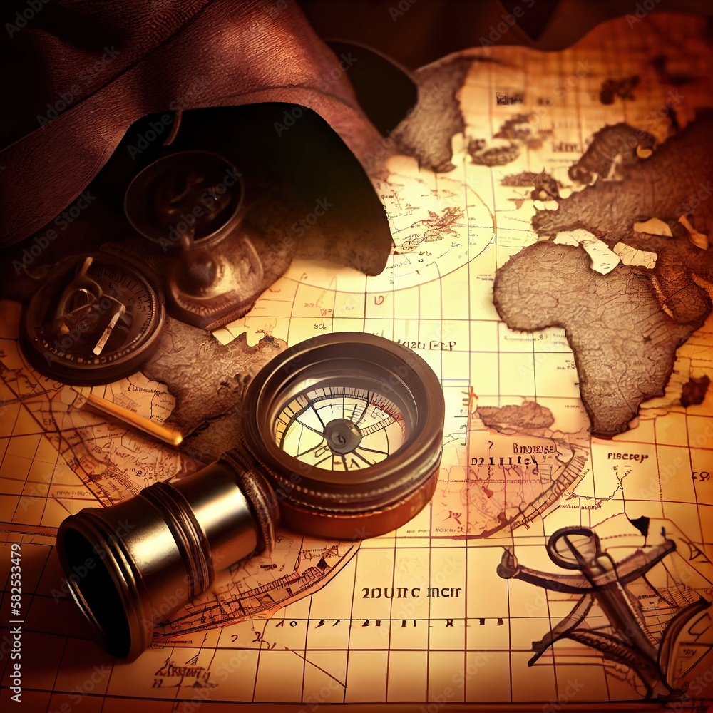 An ancient pirate map in the cabin of a pirate ship. Image of an ...